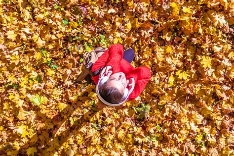 맨 위 보기입니다 단풍 나무 잎 공중 무인 항공기 보기의 덮여 가을 공원에서 배낭산책 빨간 스웨터와 헤드폰을 가진 아름다운 젊은 여성 가을에 대한 스톡 사진 및 기타 이미지
