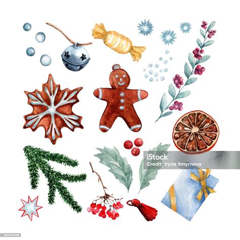 새해 수채화 핸드 그린 세트 사탕 지팡이 별 봉투 진저 브레드 남자 비스킷 홀리 전나무 나뭇 가지 베리 눈송이 흰색 배경에 고립 된 크리스마스 요소 0명에 대한 스톡 벡터