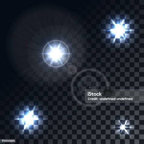 투명도 격자 무늬 벡터 배경에 고립 된 빛나는 조명 효과의 집합입니다 렌즈 플레어 광선 별 반짝 개체 그룹에 대한 스톡 벡터 아트 및 기타 이미지 Istock