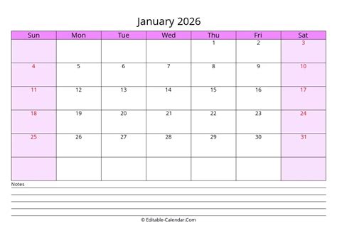 Download Free Editable Calendar January 2026 With Notes Weeks Start On