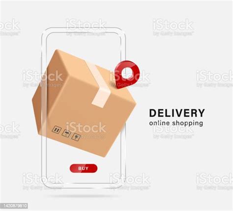 소포 상자와 고객이 중간에 고정 할 수있는 배달 위치 용 핀이 있으며 스마트 폰 앞에는 모든 팝업이 있습니다 3차원 형태에 대한 스톡 벡터 아트 및 기타 이미지 Istock