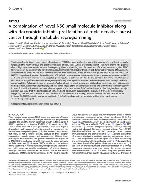Pdf A Combination Of Novel Nsc Small Molecule Inhibitor Along With Doxorubicin Inhibits