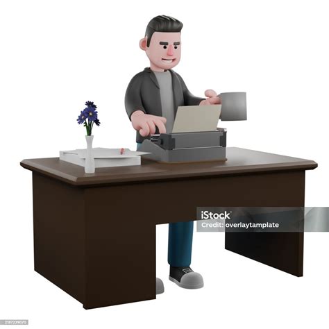 만화 3d 예술적 모델 한 남성 시나리오 작가가 테이블 뒤에 서서 한 손은 타자기를 치고 다른 한 손은 유리잔을 들고 있습니다 만화 일러스트 아트 3차원 형태에 대한 스톡