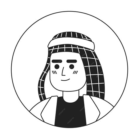 헤자브를 입은 멋진 아랍인 모노크롬 평평한 선형 캐릭터 머리 편집 가능한 윤 손으로 그려진 인간의 얼굴 아이콘 2d 만화 스 터 아바타 애니메이션 일러스트 프리미엄 벡터