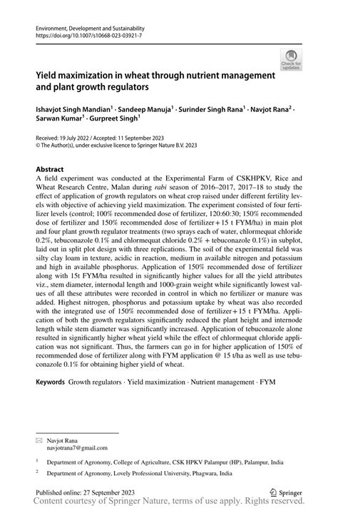 Yield Maximization In Wheat Through Nutrient Management And Plant Growth Regulators Request Pdf