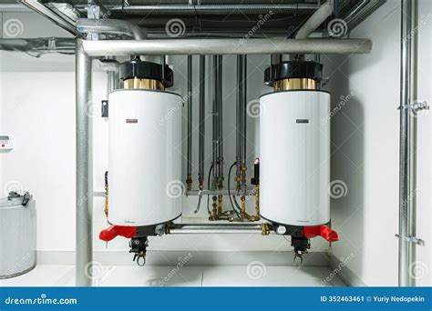 Modern Heating System Installation In A Technical Room With Dual Boilers And Plumbing Stock
