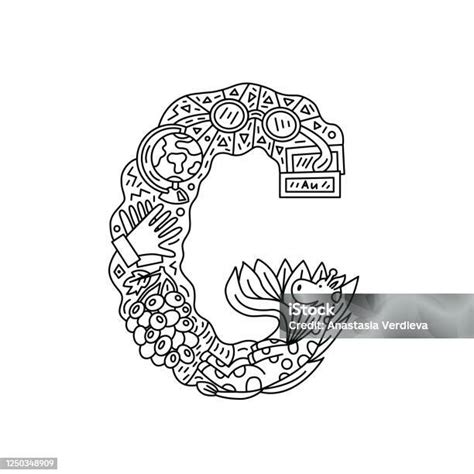 알파벳 문자 G 색칠 흰색 배경에 격리 된 귀여운 개체 금 안경 글로브 장갑 포도 기린 낙서 스타일 벡터 그림입니다 알파벳에 대한 스톡 벡터 아트 및 기타 이미지 Istock