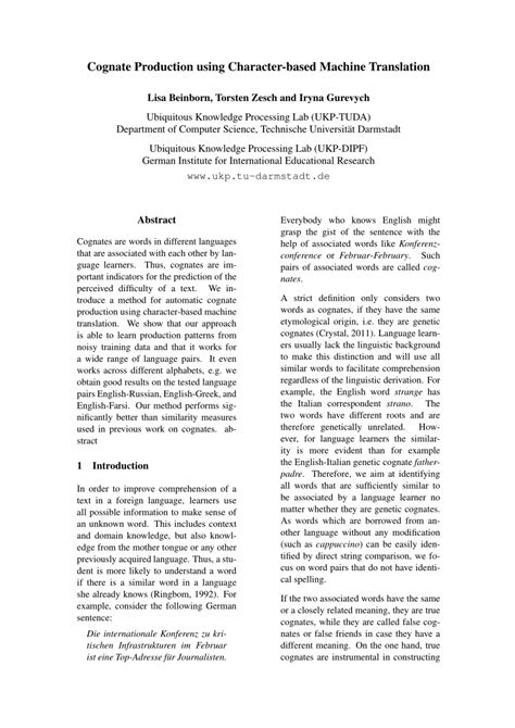 Pdf Cognate Production Using Character Based Machine Translation