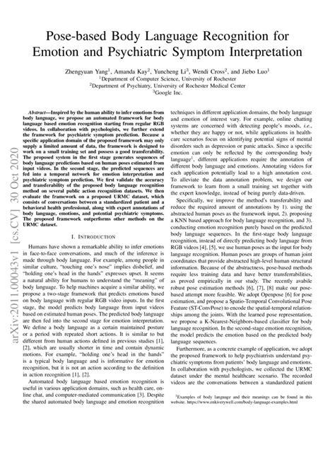 Pose Based Body Language Recognition For Emotion And Psychiatric Symptom Interpretation Deepai
