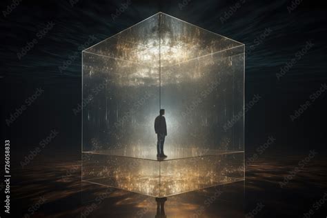 3D Cube Block With Floating Human Standing Front Of Cube Luminous