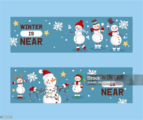 겨울 휴가 눈사람 세트 의 배너 벡터 그림입니다 다른 의상과 의상에 쾌활한 눈사람 추운 계절 활동 모자 장갑 부츠를 착용 하는 캐릭터 눈사람에 대한 스톡 벡터 아트 및 기타
