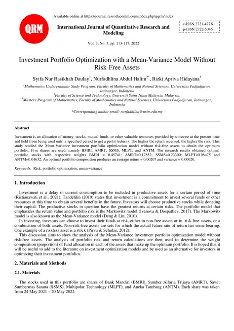 Pdf Investment Portfolio Optimization With A Mean Variance Model