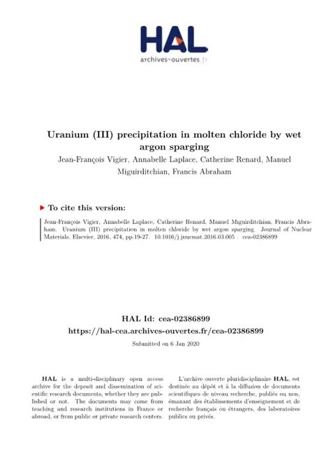 Uranium Iii Precipitation In Molten Chloride By Wet Argon Sparging