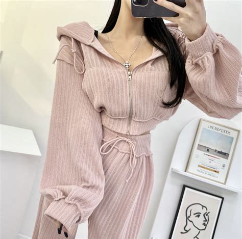 핏보장 구김늘어짐제로봄까지쭉~ 꾸안꾸 벌룬 크롭 후드밴딩 롱 와이드 팬츠 Set 골지트레이닝세트 추리닝세트