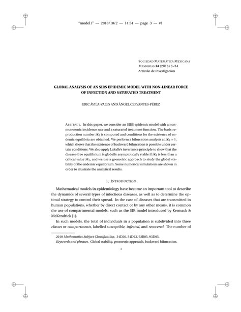 Pdf Global Analysis Of An Sirs Epidemic Model With Non Linear Force Of Infection And Saturated
