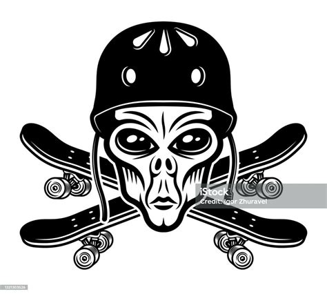 헬멧에 외계인 머리와 흰색 배경에 고립 된 빈티지 흑백 스타일의 두 교차 스케이트 보드 벡터 일러스트 0명에 대한 스톡 벡터 아트 및 기타 이미지 Istock