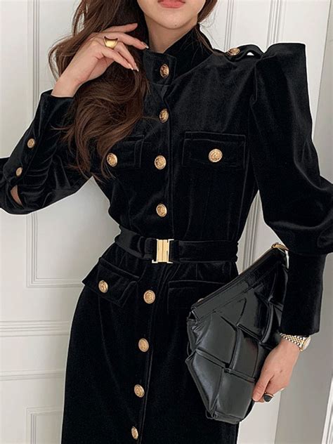 벨트set 벨벳 사이드 슬릿 하이넥 목폴라 원피스 더블포켓 금장 단추 골드 버튼 어깨 퍼프 원피스 소매 퍼프 허리벨트 브이넥