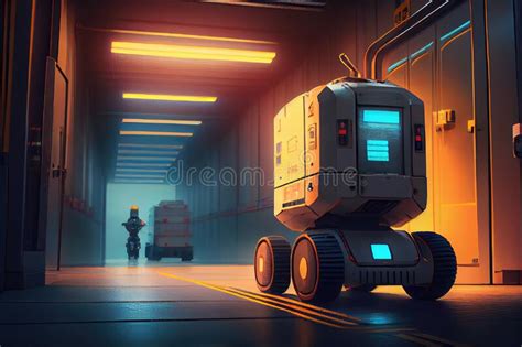 Robot Courier Making Deliveries Inside Futuristic Research Facility