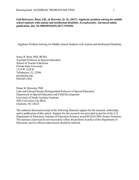 Pdf Algebraic Problem Solving For Middle School Students With Autism And Intellectual Disability