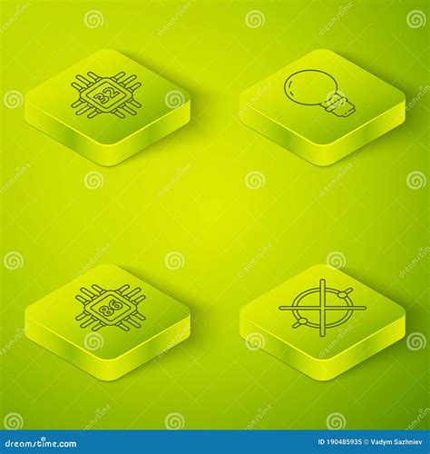 set isometric light bulb with concept of idea processor with microcircuits cpu electric