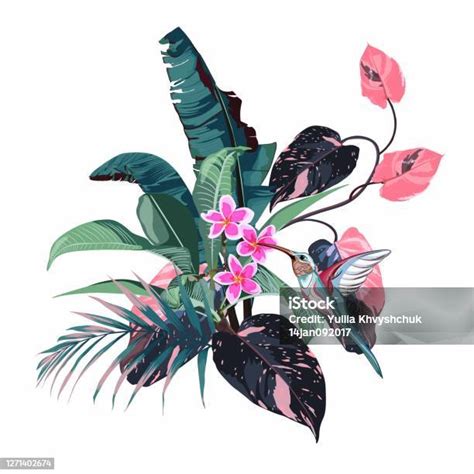 블루 핑크 꽃과 잎 가지와 이국적인 식물과 야자 수 잎의 많은 종류와 구성 손은 수채화 스타일 일러스트를 그립니다 T 셔츠