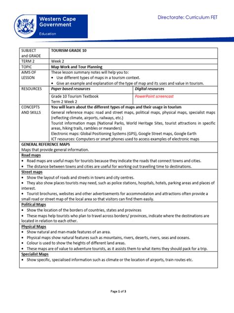 Fet T2 Week 2 Grade 10 Tourism Map Work And Tour Planning Pdf