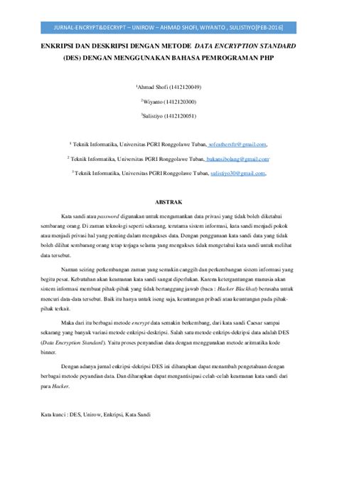 Pdf Enkripsi Dan Deskripsi Dengan Metode Data Encryption Standard