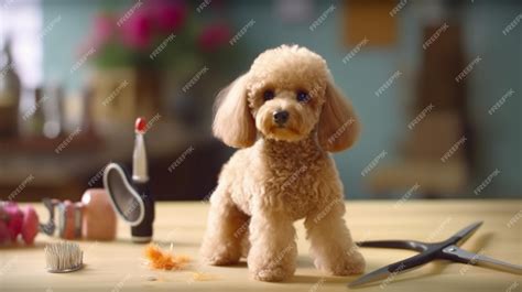 Premium Photo Woman Trimming Toy Poodle With Scissors In Grooming Generative Ai