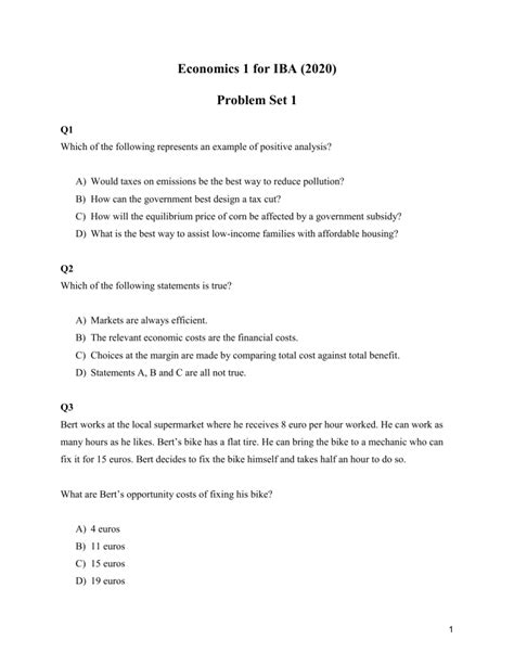 Economics Problem Set Positive Analysis Opportunity Cost