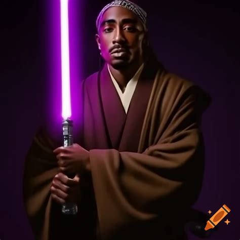 Tupac Shakur In Jedi Robes Wielding A Purple Lightsaber On Craiyon
