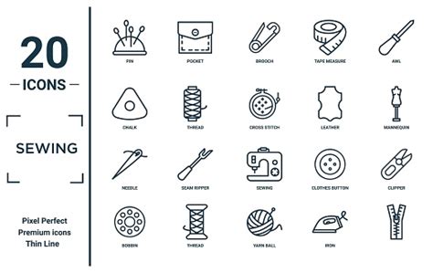 재봉 선형 아이콘 세트입니다 얇은 라인 핀 분필 바늘 보빈 십자수 보고서 프리젠 테이션 다이어그램 웹 디자인 용 클리퍼 아이콘