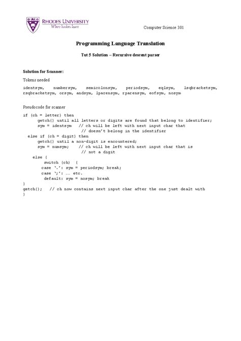 Tut5sol Programming Language Translation Tut 5 Solution Recursive Descent Parser Computer