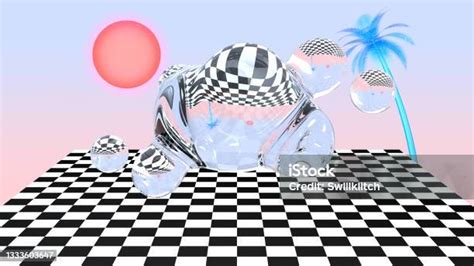 바포웨이브는 체크 바닥 물 튀김 또는 유리 거품 야자수 와 일몰과 풍경을 미학 80 년대 또는 90 년대 는 증기파 파티 또는 이벤트 비타에 대한 초현실적 인 추상적 배경을