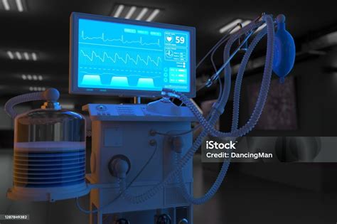보케와 야간 병원에서 가상 의 디자인과 Icu 인공 폐 인공 환기 코로나 바이러스 개념을 중지 의료 3d 일러스트 산소 호흡기에 대한 스톡 사진 및 기타 이미지 Istock