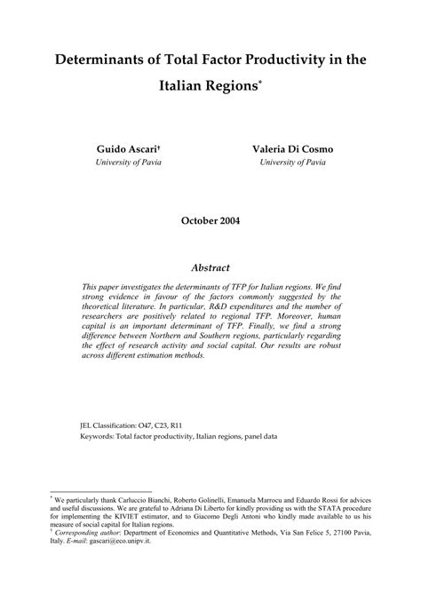 Pdf Determinants Of Total Factor Productivity In The Italian Regions