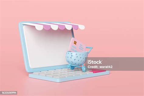 노트북 컴퓨터 모니터 상점 앞 신용 카드 쇼핑 카트 또는 분홍색 배경에 격리된 바구니가 있는 온라인 쇼핑 3d 일러스트레이션