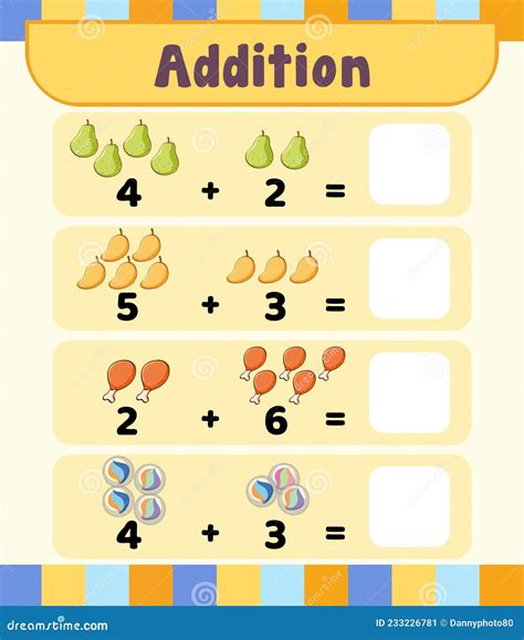 Preschool Addition Mathematics Learn Worksheet Activity Template With Cute Lemon Illustration