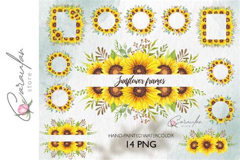Watercolour Sunflower Frames And Wreaths Graphic By Caraulanstore