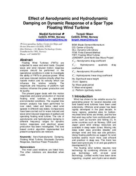 Pdf Effect Of Aerodynamic And Hydrodynamic Damping On Dynamic Response Of Spar Type Floating
