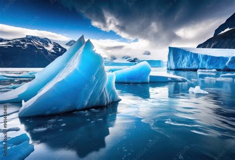 Melting Glacier Flowing Into Ocean Icy Water Icebergs Depicting Climate