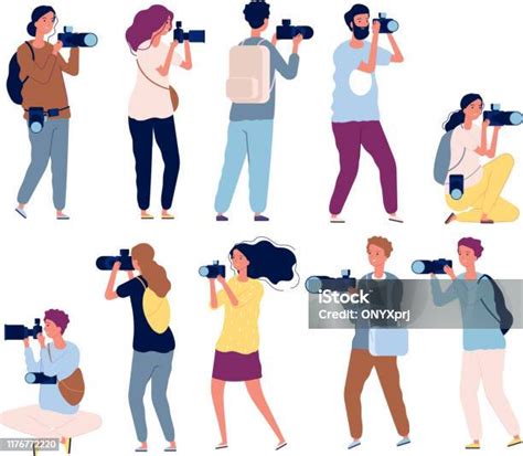 사진 작가 캐릭터 카메라 벡터 컬렉션으로 서 전문 비디오 촬영 및 사진 작가 사진작가에 대한 스톡 벡터 아트 및 기타 이미지
