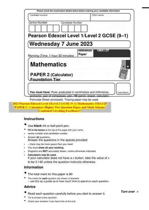 2023 Pearson Edexcel Level 1 Level 2 Gcse 9 1 Mathematics 1ma1 2f Paper 2 Calculator Higher
