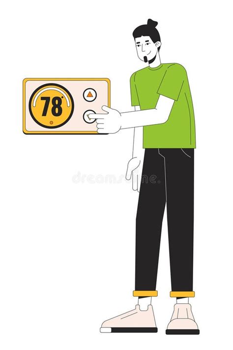 Adjusting Thermostat Line Cartoon Flat Illustration Stock Vector