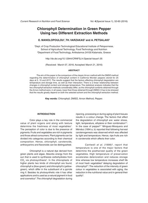 Pdf Chlorophyll Determination In Green Pepper Using Two Different Extraction Methods