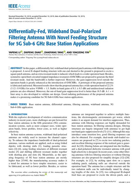 Pdf Differentially Fed Wideband Dual Polarized Filtering Antenna With Novel Feeding Structure