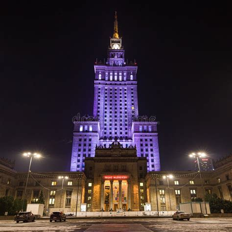 Palac Kultury I Nauki At Night Editorial Stock Image Image Of