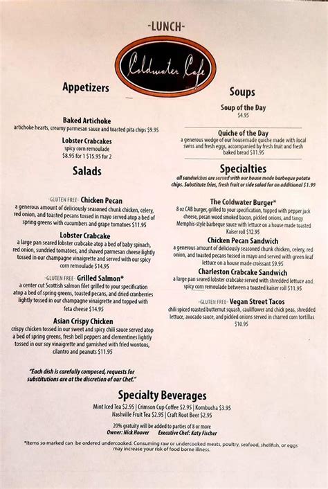 Menu At Coldwater Café Restaurant Tipp City