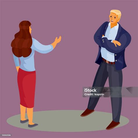 빨간 치마를 입은 한 여성이 등을 대고 손을 내밀어 남자를 맞이하고 그는 다리를 벌리고 팔을 가슴에 대고 어두운 보라색 배경 별도의 레이어 벡터 일러스트레이션을 들고 서