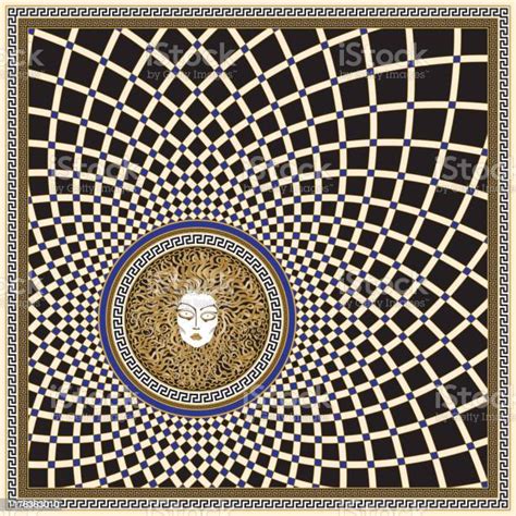 벡터 스트라이프 나선형 숄 프린트 와 메두사 고르곤 머리 골드 체인 프레임 블랙과 골든 그리스 사행 테두리 패턴 바로크 실크 반다나 팔레트에 패턴 브러쉬 6개 0명에 대한