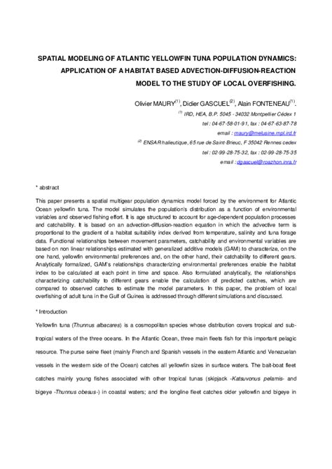 Pdf Spatial Modeling Of Atlantic Yellowfin Tuna Population Dynamics Application Of A Habitat
